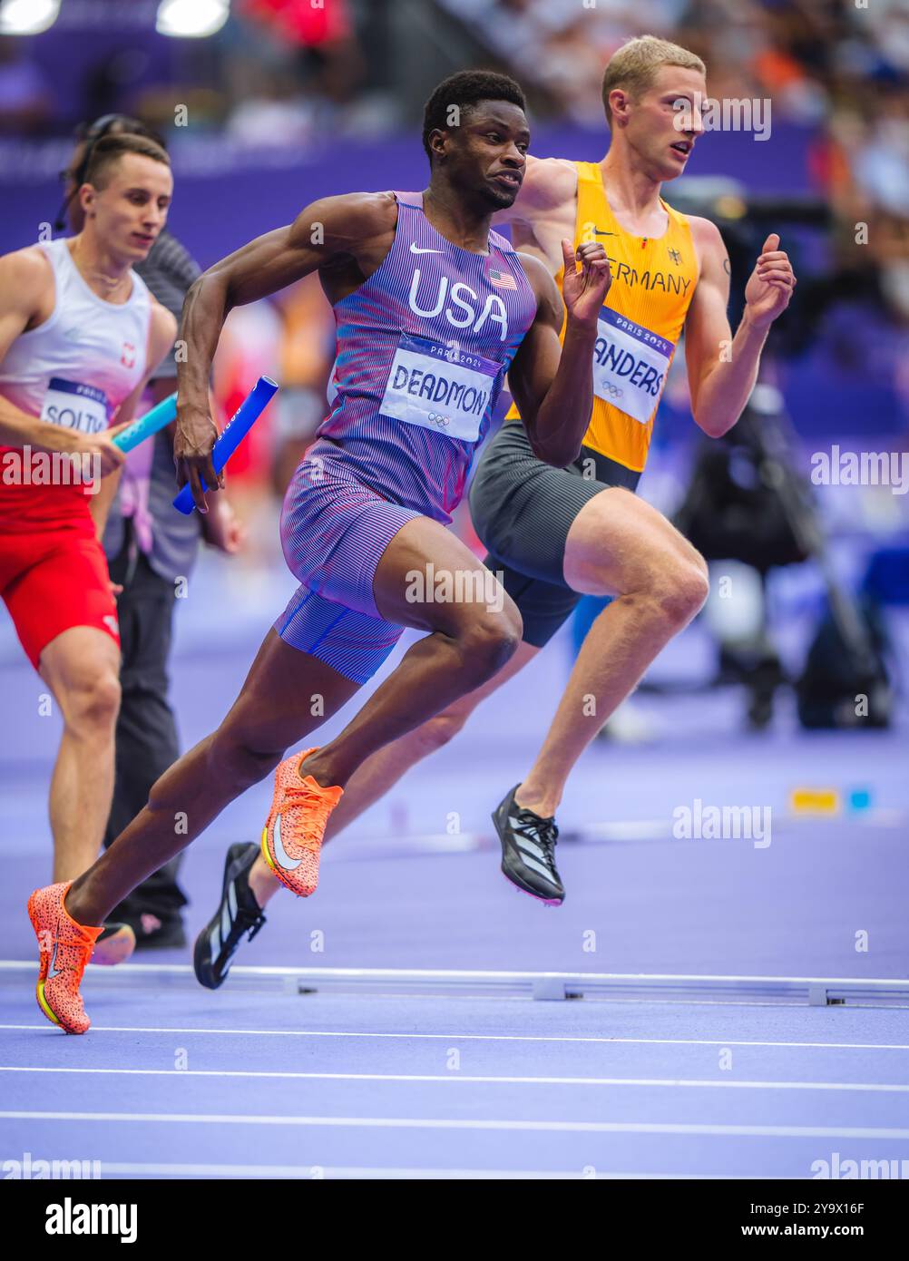 Bryce Deadmon participating in the 4X400 meters relay at the Paris 2024 ...