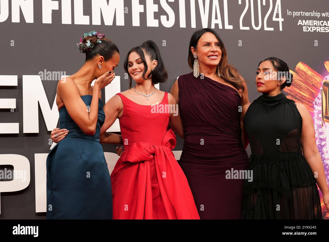 Zoe Saldana, from left, Selena Gomez, Karla Sofía Gascon and Adriana Paz pose for photographers ...