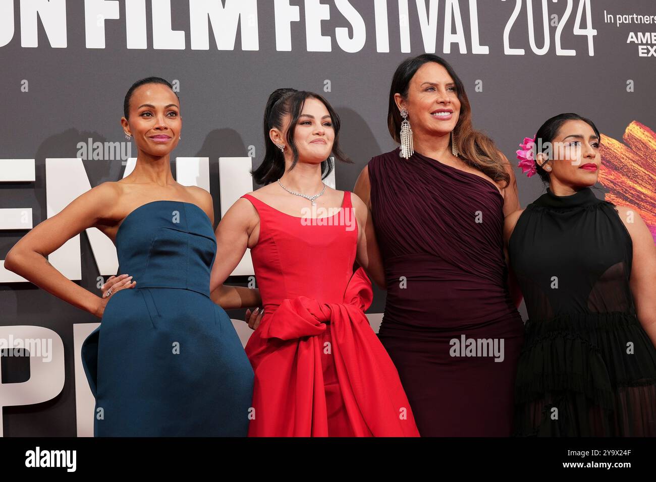 Zoe Saldana, from left, Selena Gomez, Karla Sofía Gascon and Adriana Paz pose for photographers ...