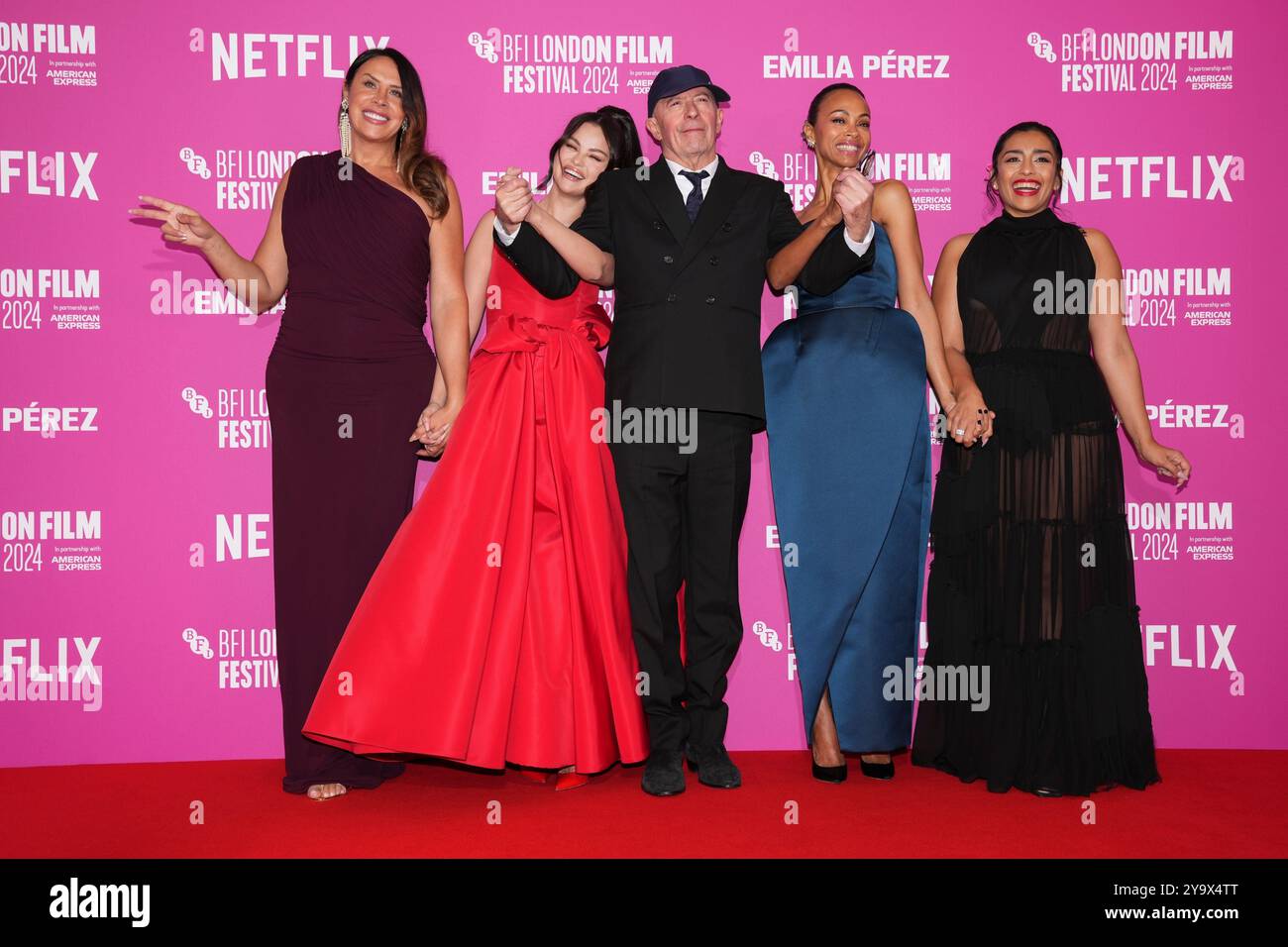 Karla Sofía Gascon, from left, Selena Gomez, director Jacques Audiard, Zoe Saldana and Adriana ...