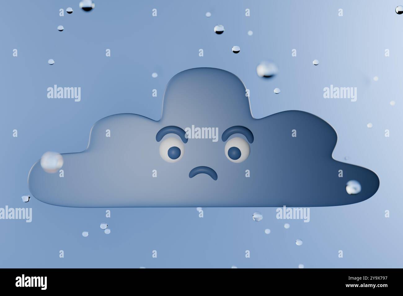 Sad cloud with raindrops, depicting a gloomy atmosphere. 3d rendering ...