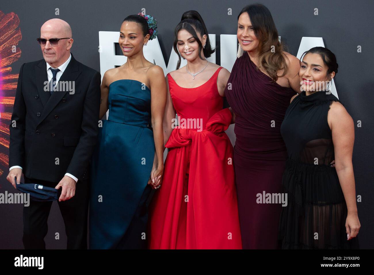 London, UK. 11 Oct, 2024. Pictured: (L-R) - Director Jacques Audiard, Zoe Saldana, Selena Gomez ...