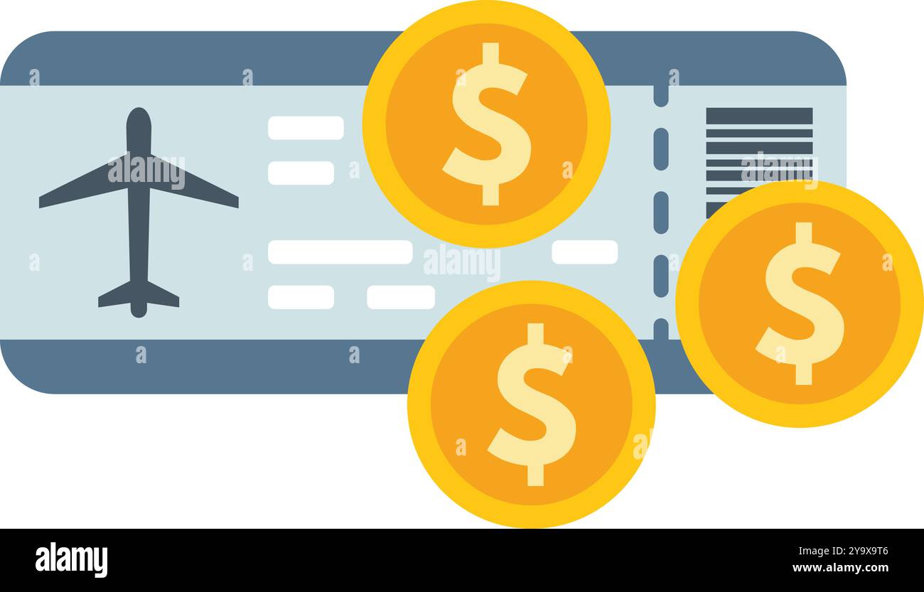Concept of travel expenses showing an airplane ticket with dollar coins ...