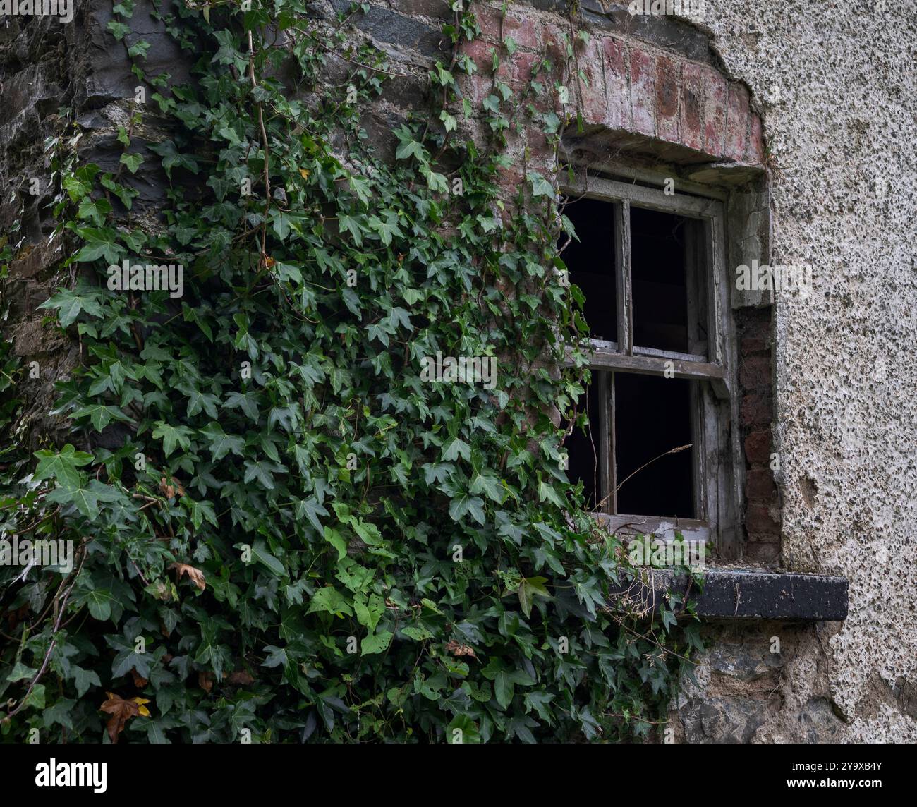 The wall of an abandoned, industrial building shows crumbling stone and ...