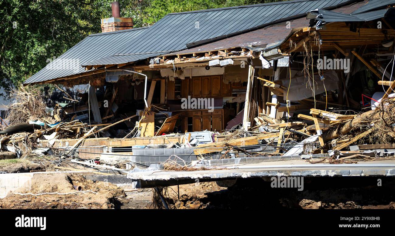 Erwin, United States. 09 October, 2024. A home destroyed by floods ...