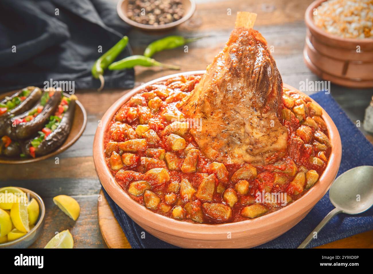 Arabic Cuisine; Okra stew with with beef shank. Served with white rice ...