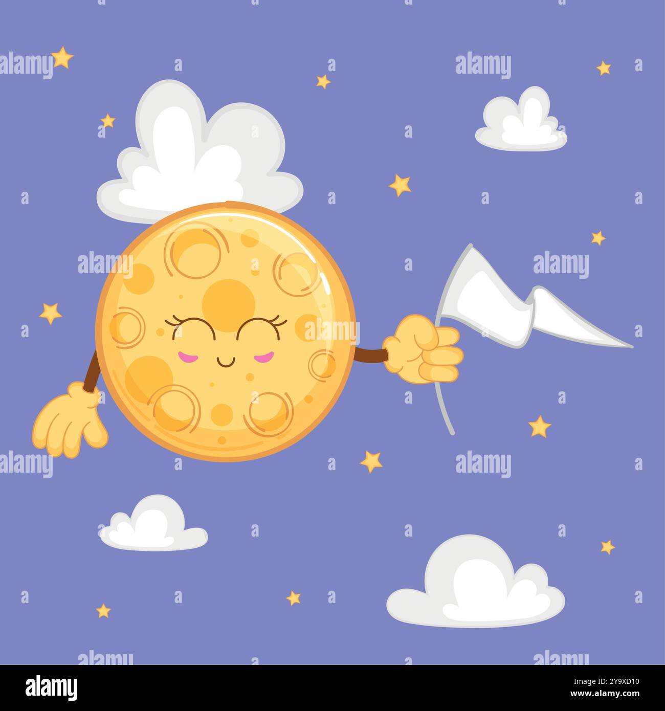 Happy moon holding a white flag under starry sky, vector illustration ...