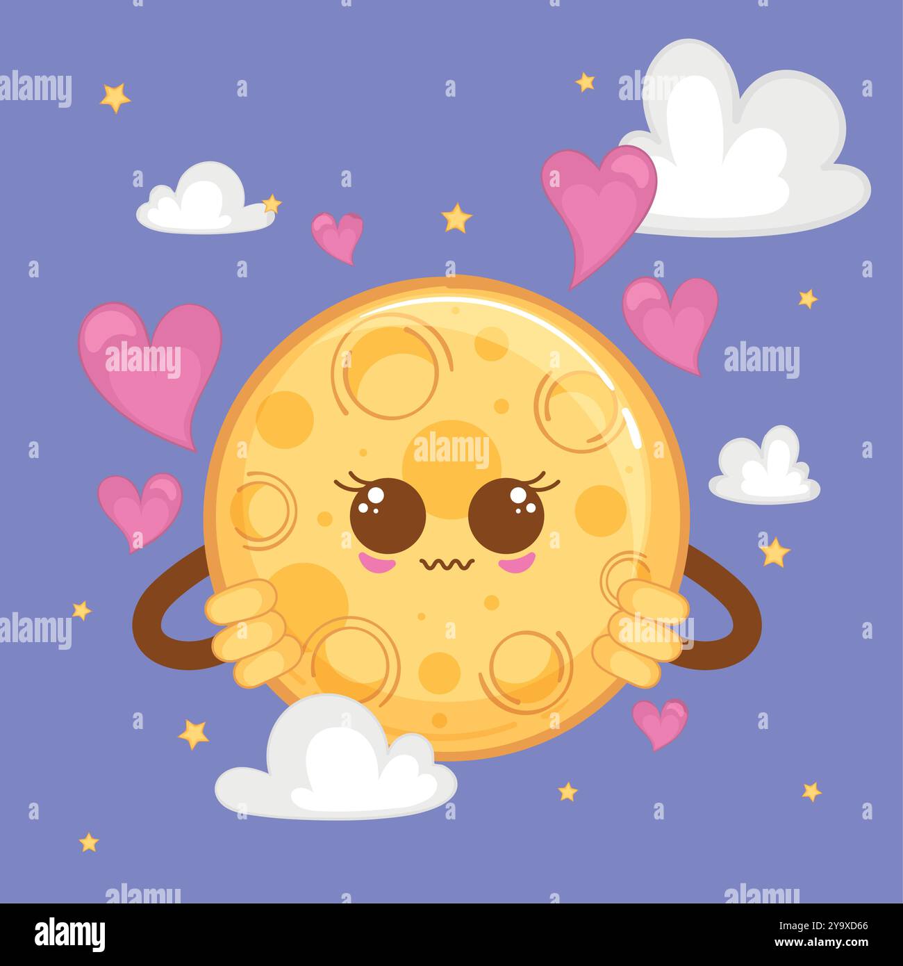 Blushing moon surrounded by hearts and clouds, vector illustration ...