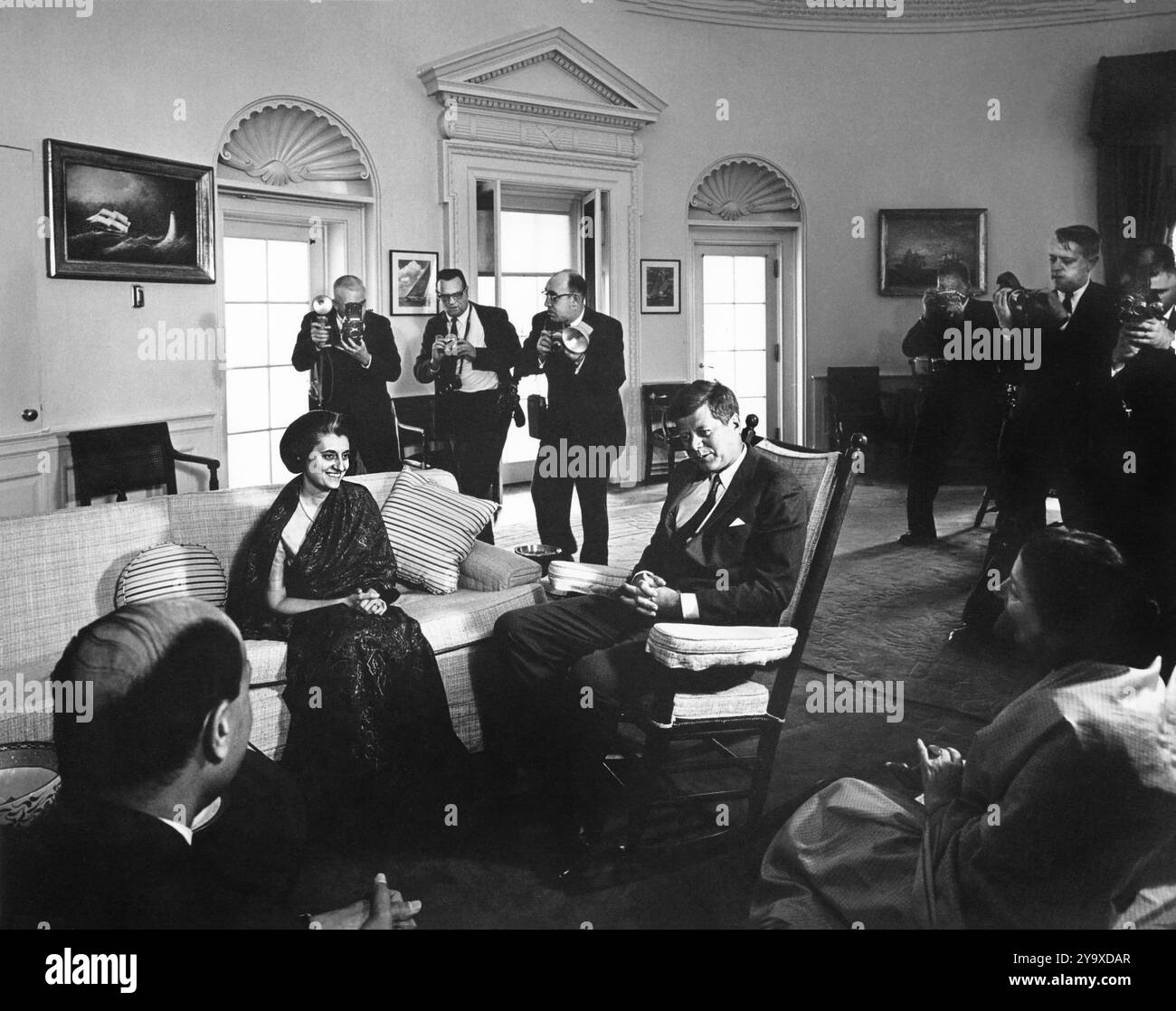 U.S. President John F. Kennedy (in rocking chair) meeting with Indira ...