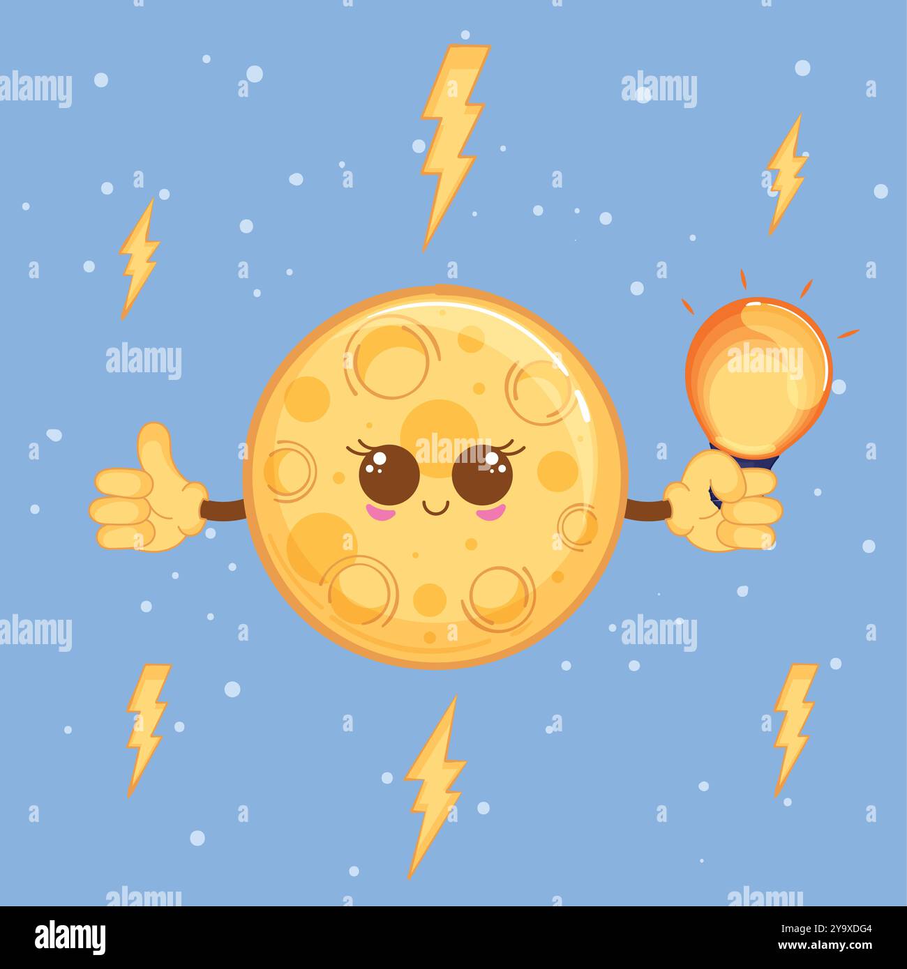 Happy moon holding lightbulb with lightning bolts, vector illustration ...