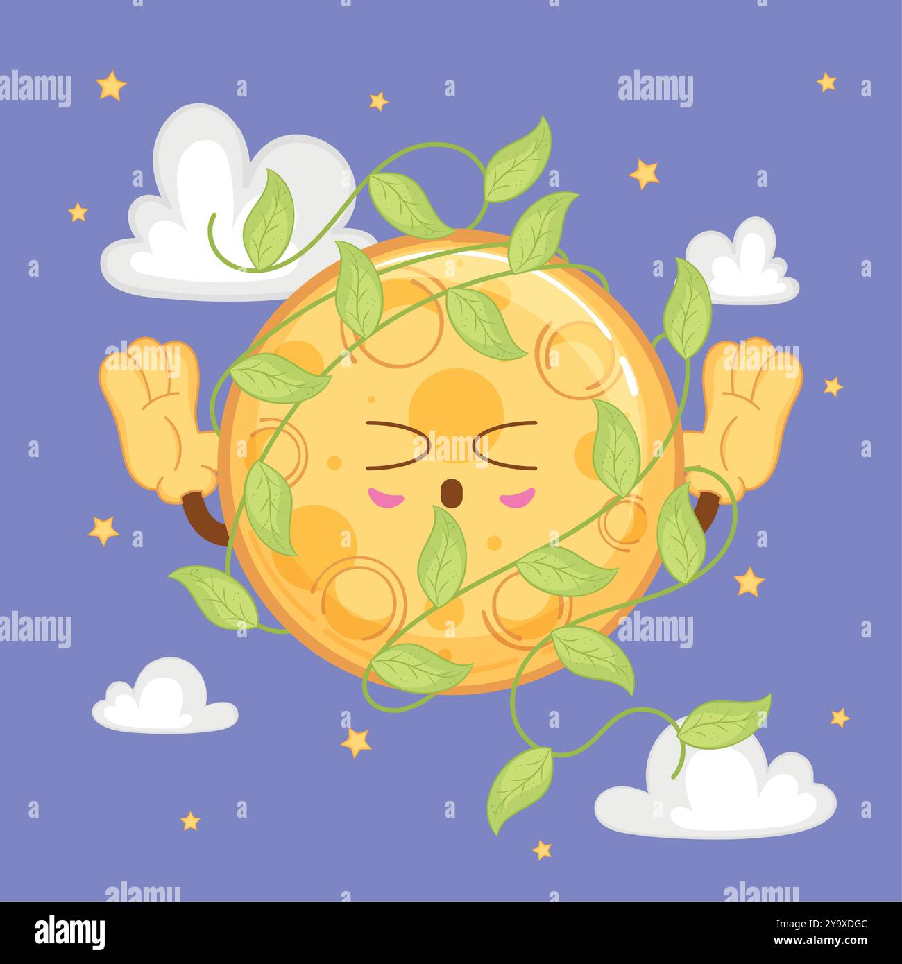 Peaceful moon wrapped in green vines under stars, vector illustration ...
