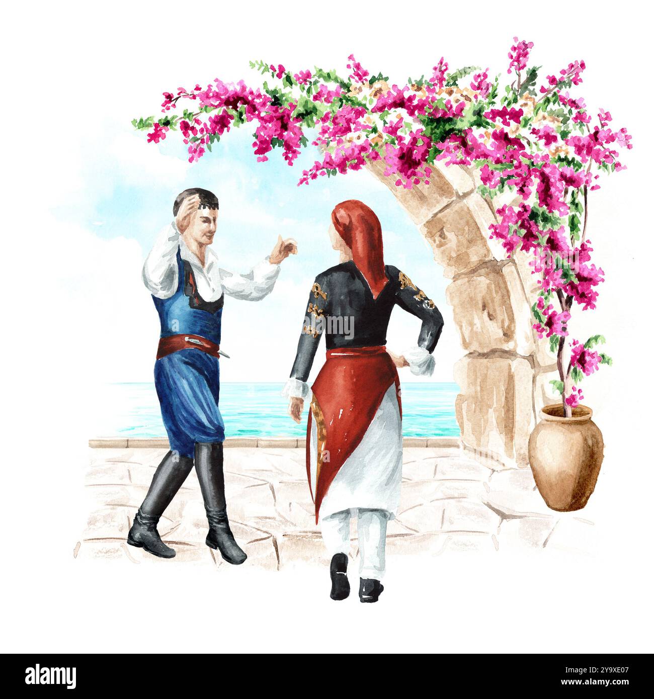 Traditional Greek folk Cretan dancers against the background of the ...