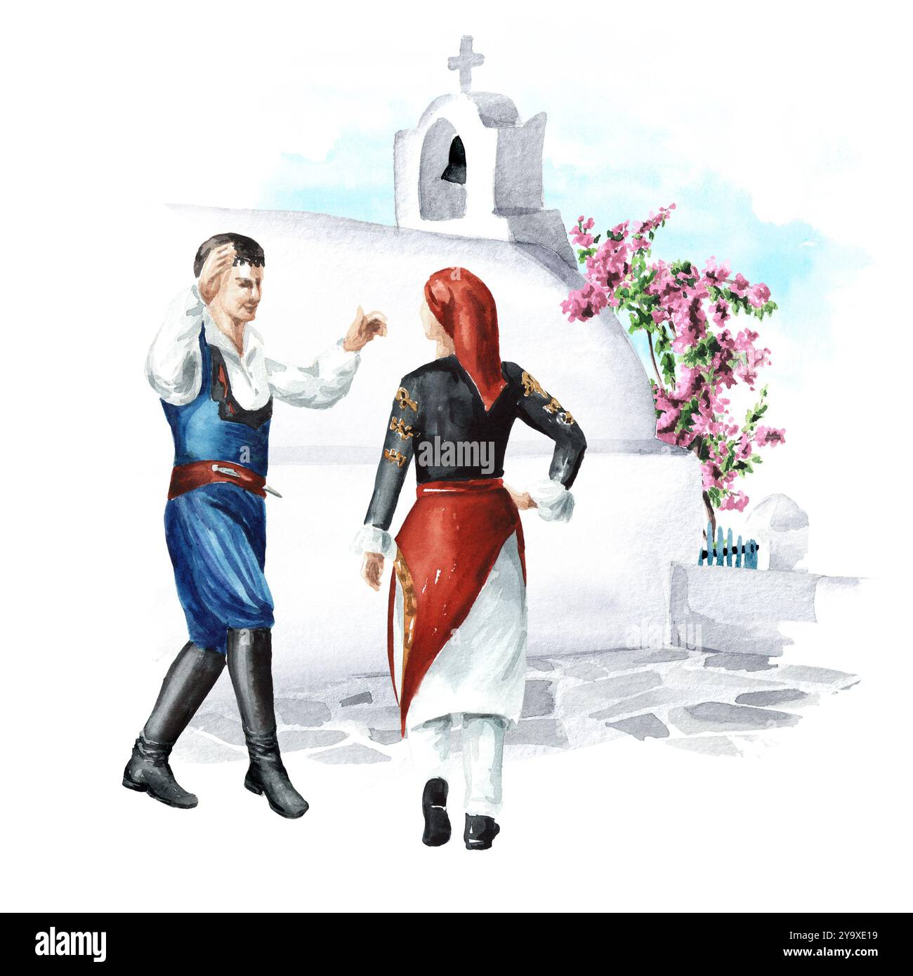 Traditional Greek folk Cretan dancers on the street of the Greek city ...