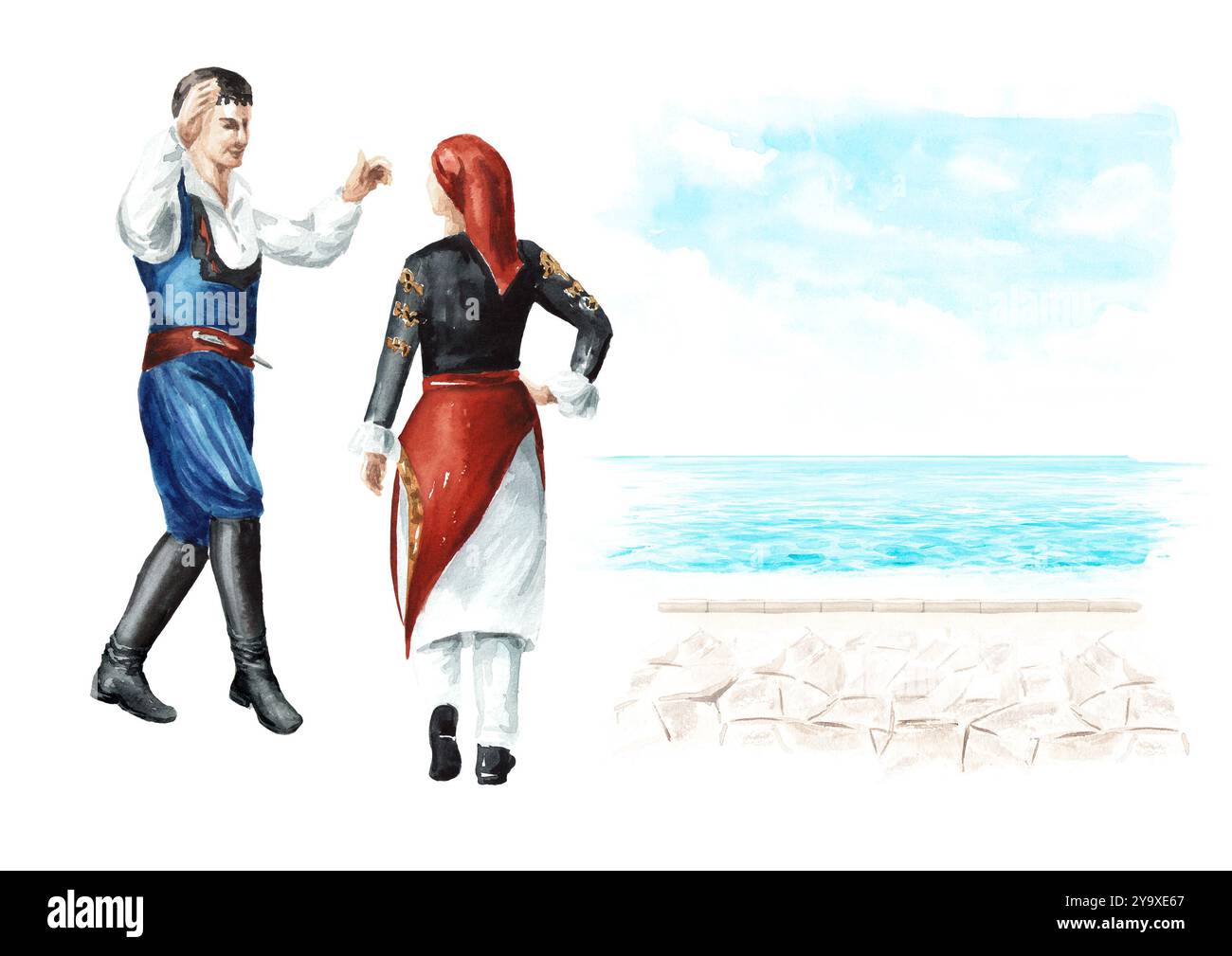 Traditional Greek folk Cretan dancers set . Greece. Hand-drawn ...