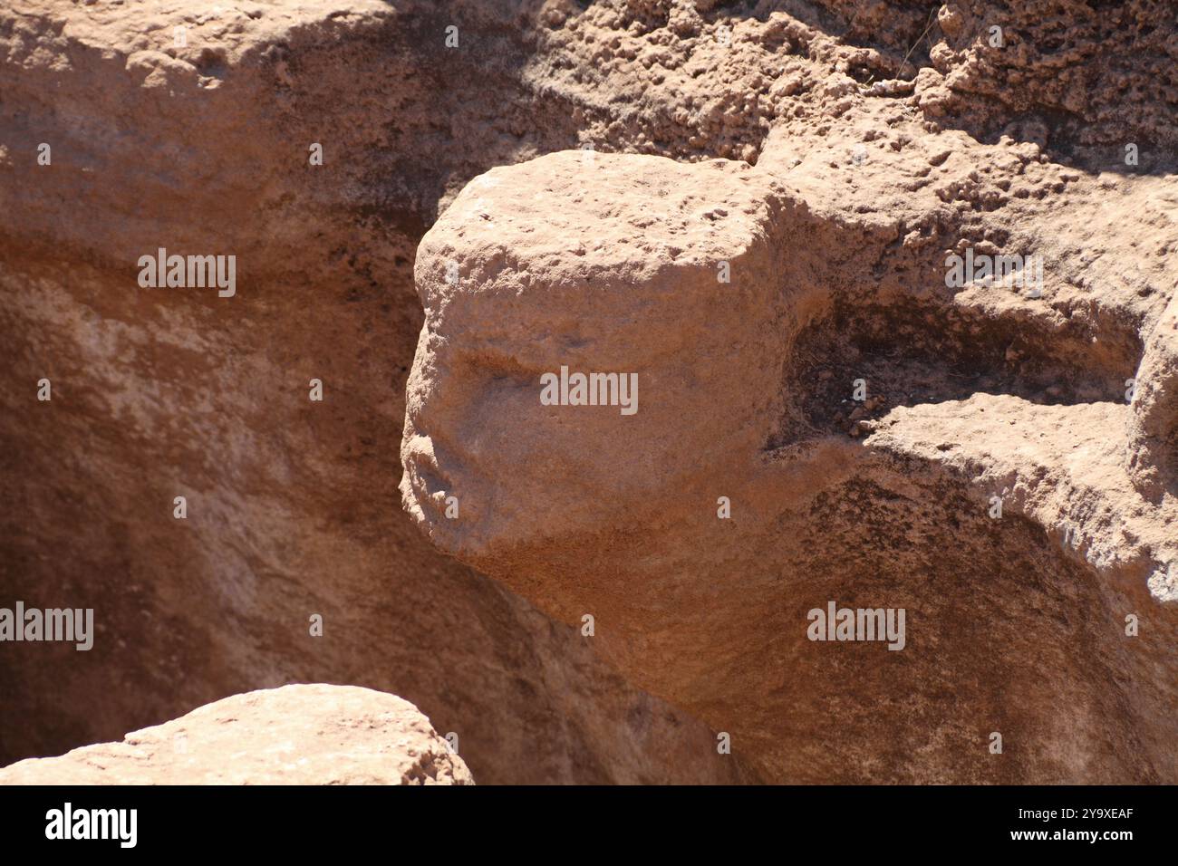Face of a human emerges from the bedrock overlooking pillars, Pre ...