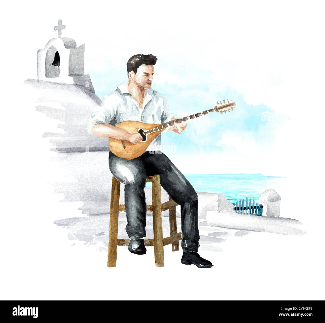 Traditional Greek folk music. The musician plays the lyre, bouzouki on ...