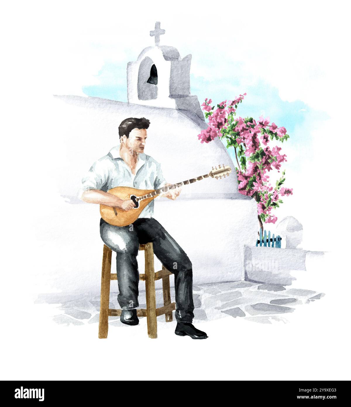 Traditional Greek folk music. The musician plays the lyre, bouzouki on ...