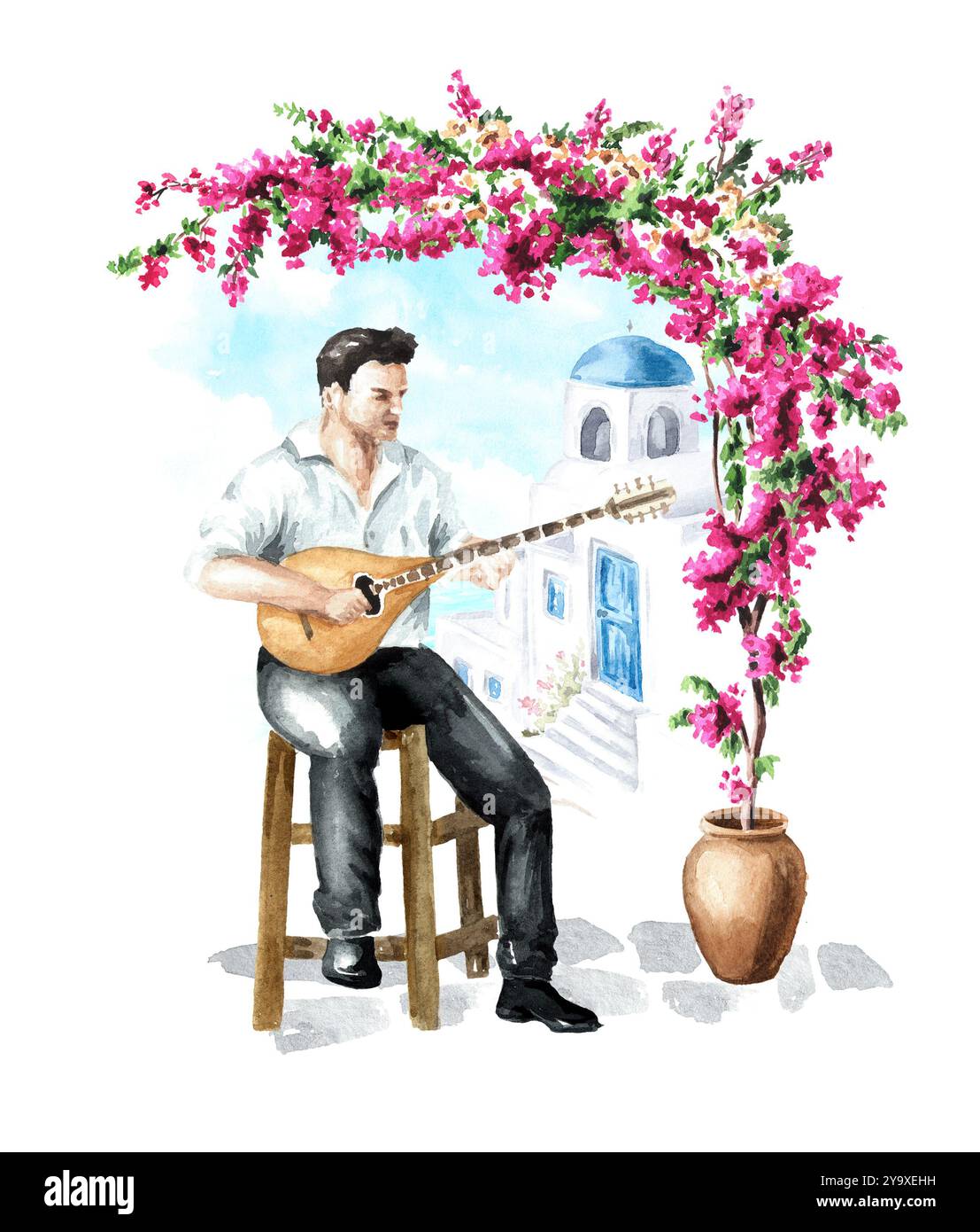 Traditional Greek folk music. The musician plays the lyre, bouzouki on ...