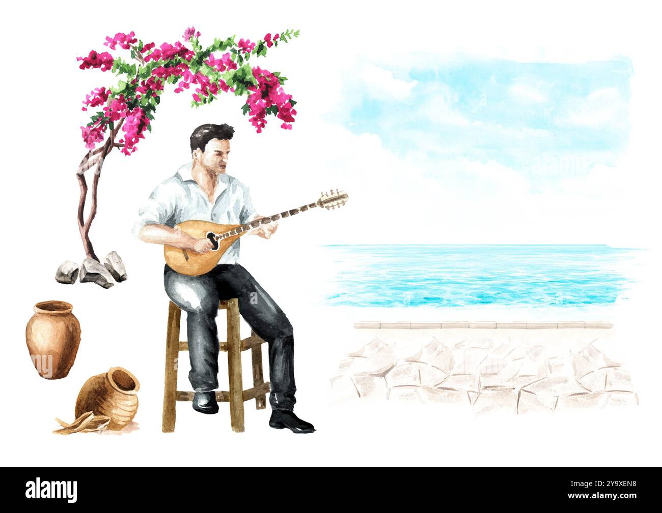 Traditional Greek folk music. The musician plays the lyre, bouzouki ...