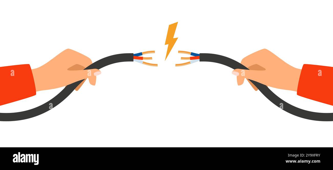 Hands holding broken electrical cable with electric spark. Electric ...