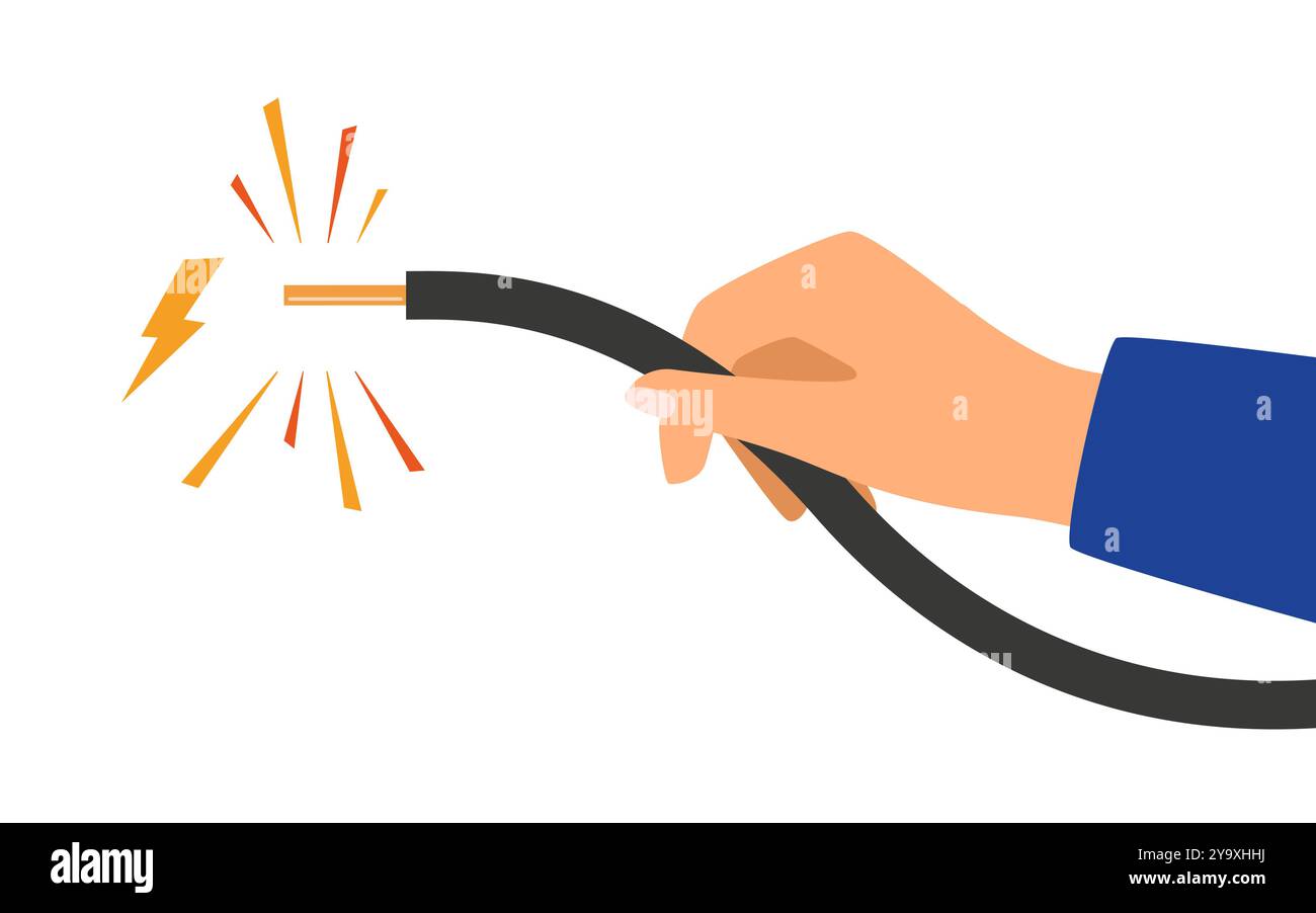 Hand holding broken electrical cable with electric spark. Electric ...