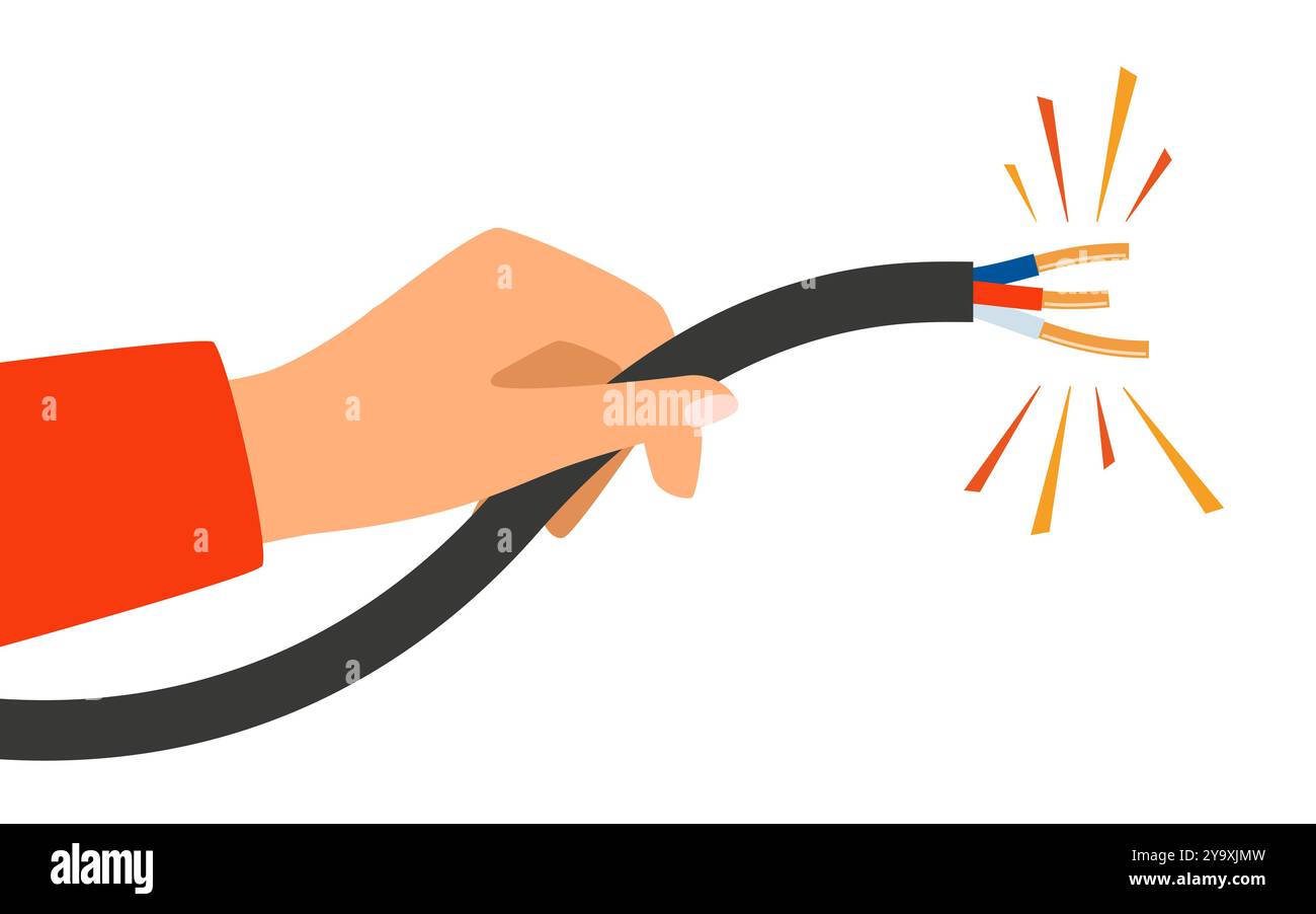 Hand holding broken electrical cable with electric spark. Electric ...