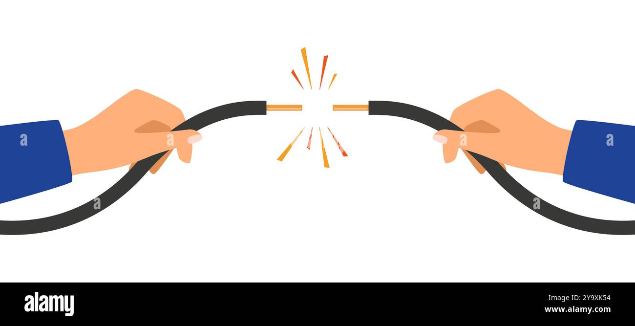 Hands holding broken electrical cable with electric spark. Electric ...