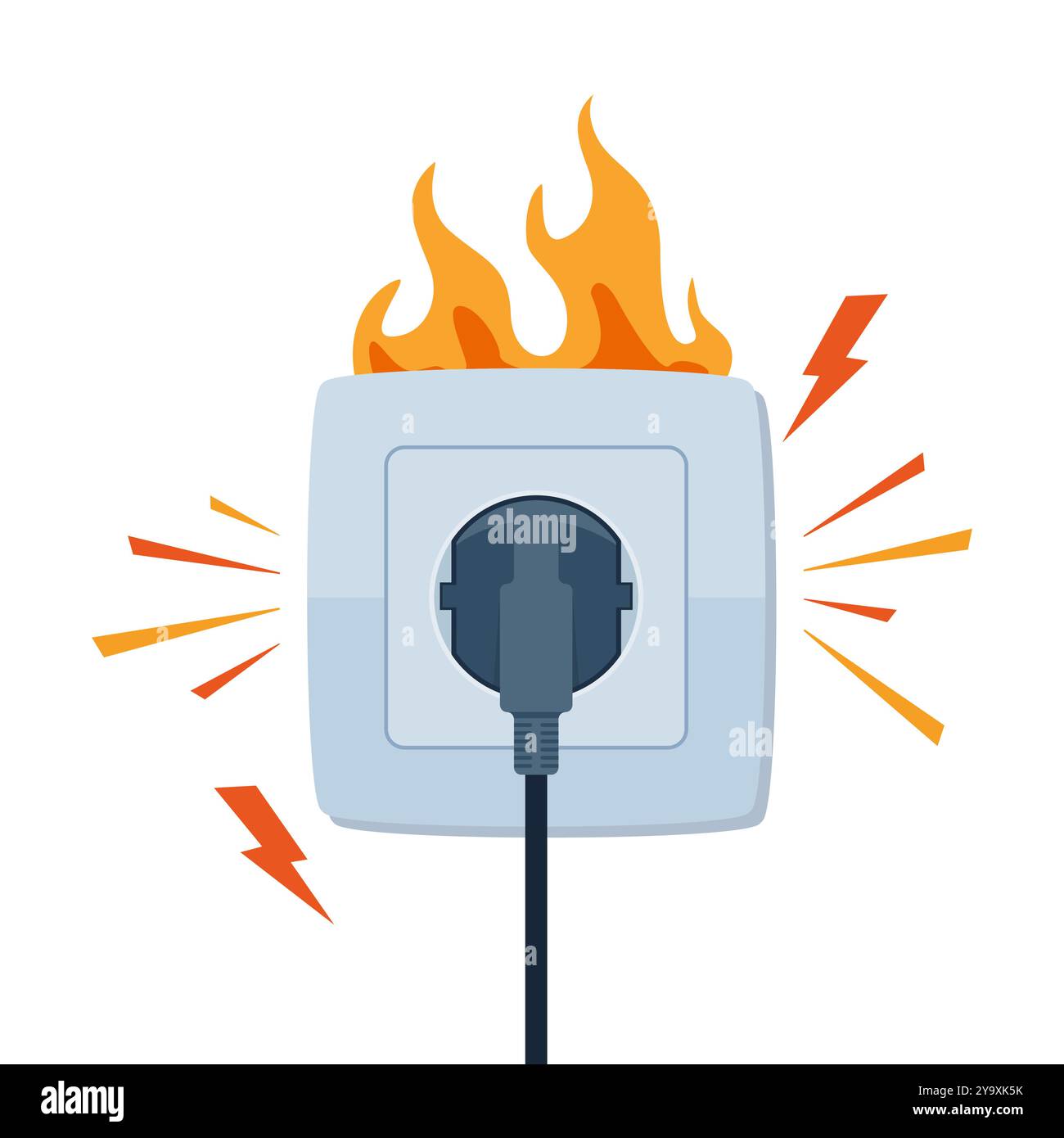 Socket and plug on fire from overload. Electrical safety concept. Short ...