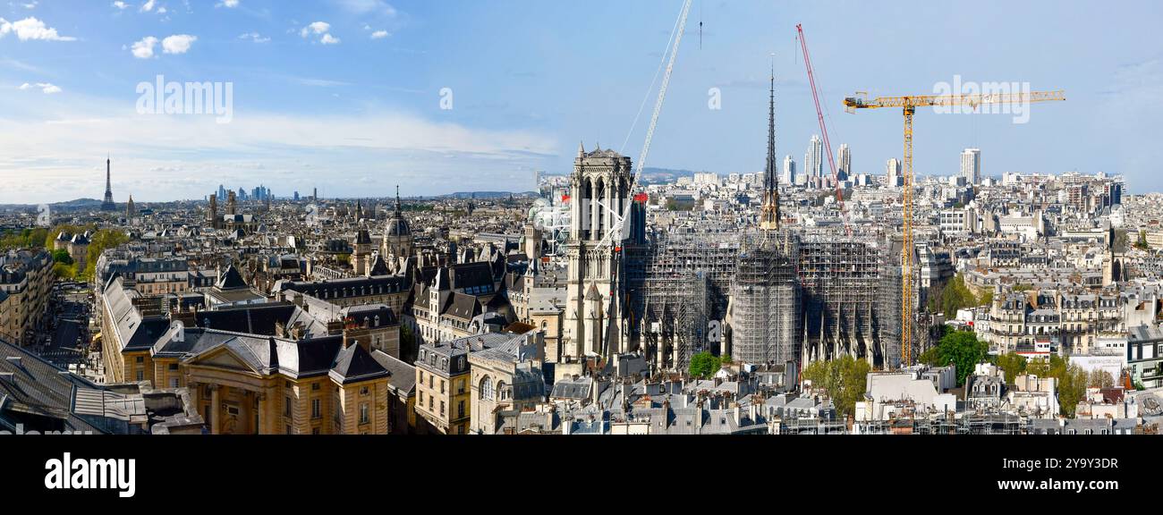 France, Paris, panoramic view of the city from the Pantheon, people, tourism, works Notre Dame ...