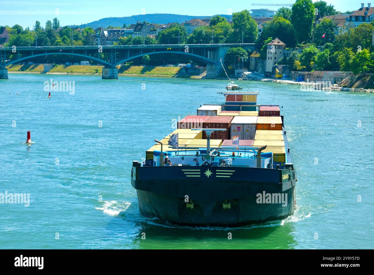 Switzerland, Basel, river freight ship passing under the Mittlere Brücke bridge Stock Photo - Alamy