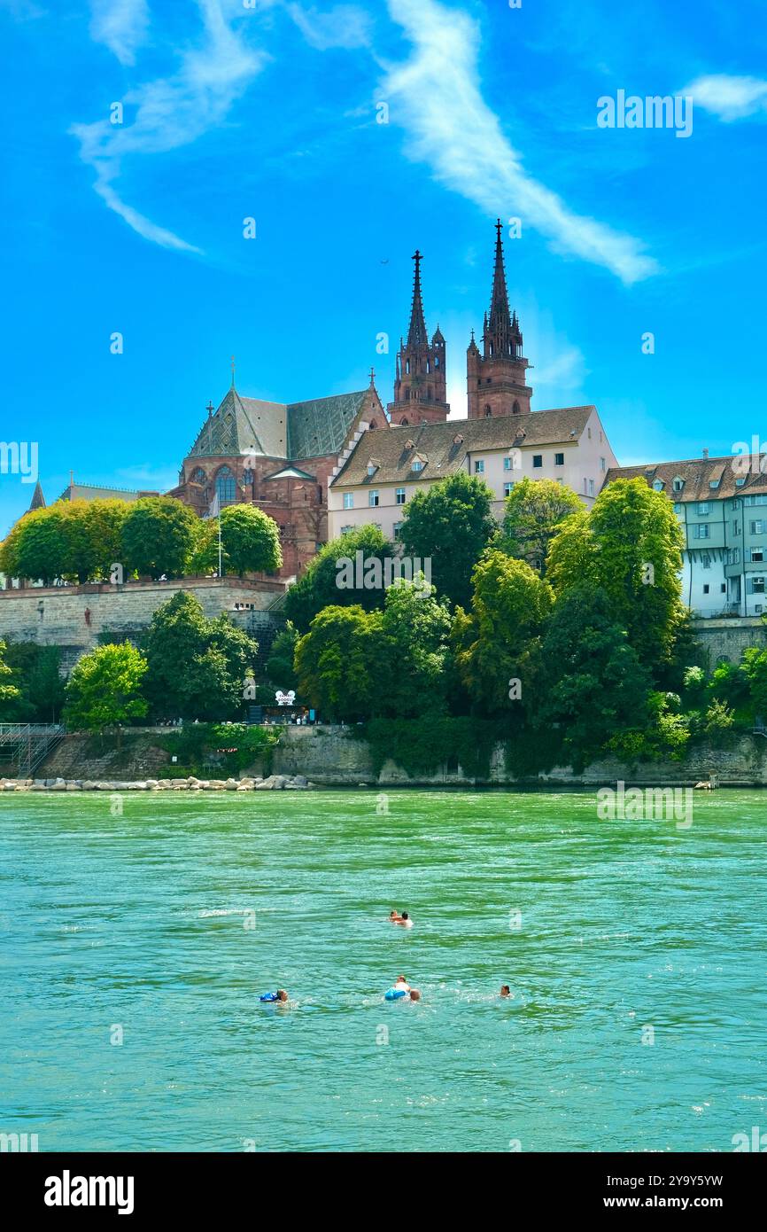 Switzerland, Basel, the left bank of the Rhine, swimming in the river ...