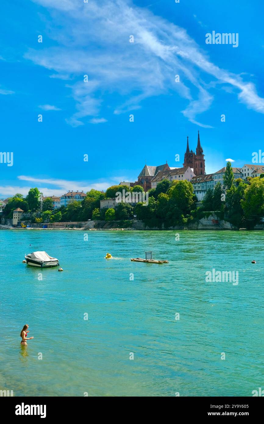 Switzerland, Basel, the left bank of the Rhine, swimming in the river ...