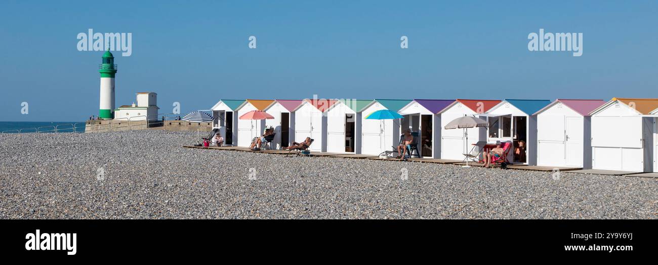 france, seine maritime, le treport, beach cabins, jetty and lighthouse ...