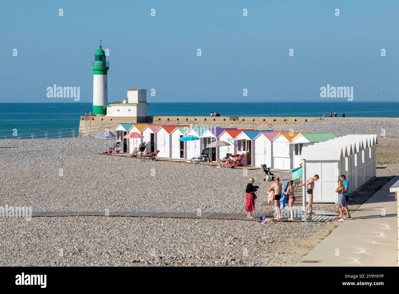 france, seine maritime, le treport, beach cabins, jetty and lighthouse ...
