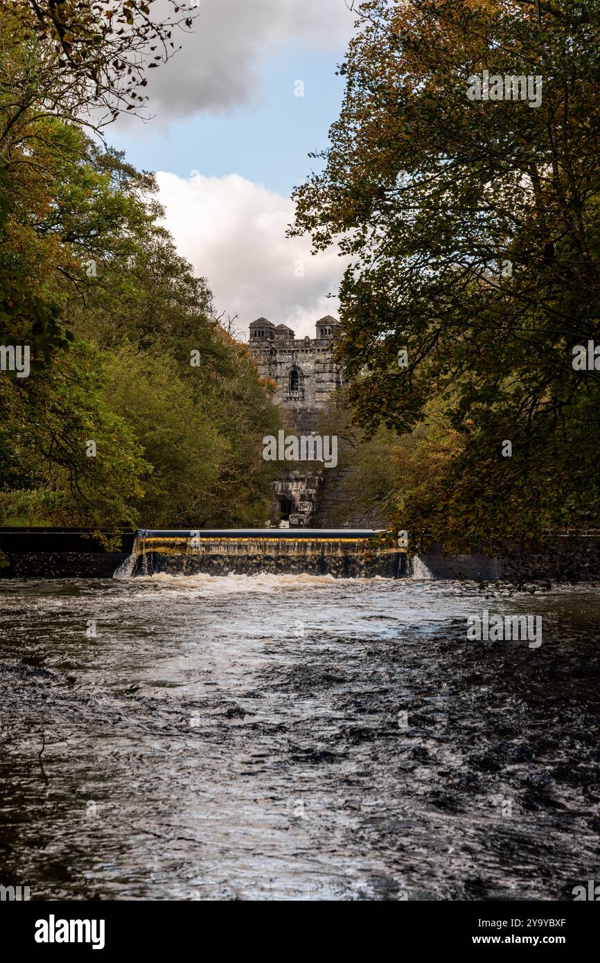 River flowing from the llyn vyrnwy dam and reservoir on a cloudy day ...
