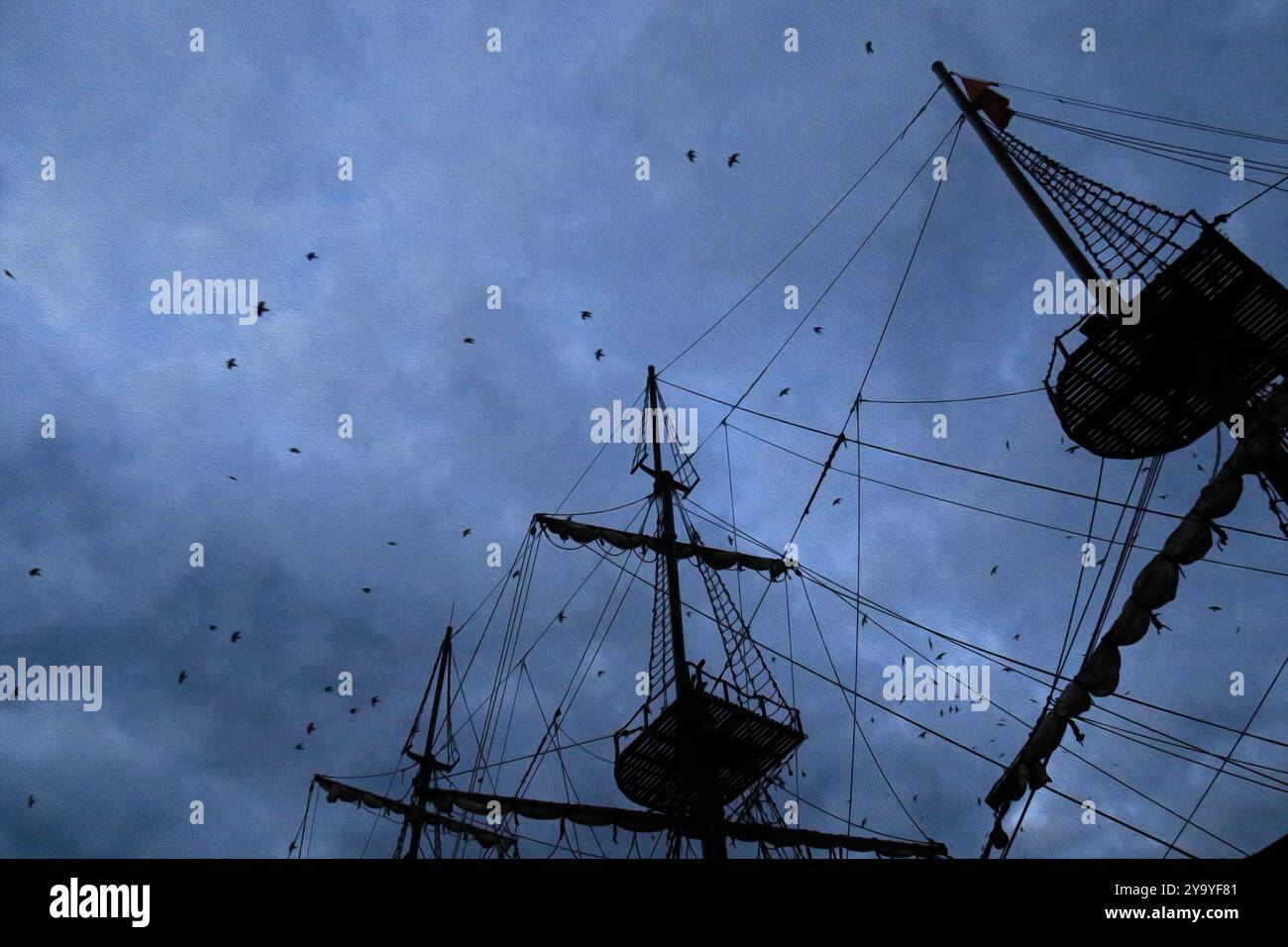 An illustration of a pirate sail ship with flying birds Stock Photo - Alamy