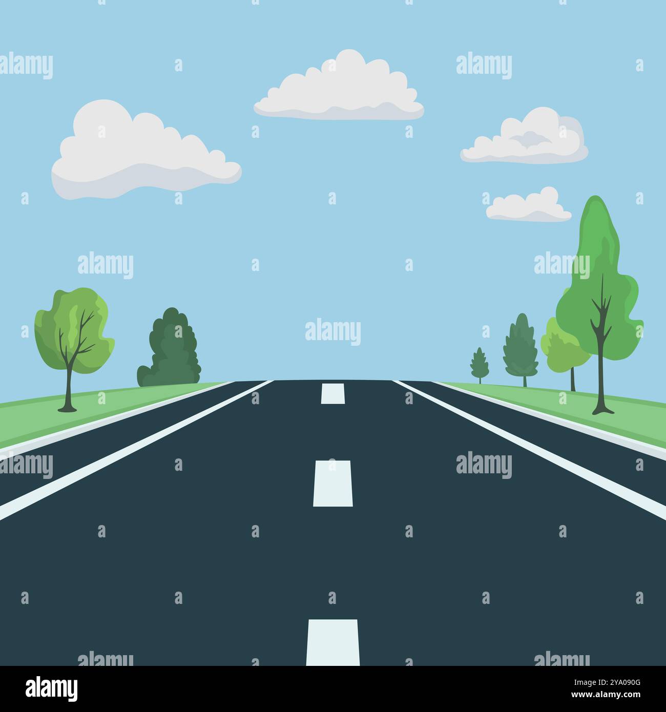 Flat Landscape Design with Road. Scenic Cartoon Highway, Nature Background. Cute Outdoors Scene ...