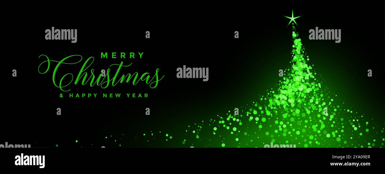 glowing merry christmas tree sparkle banner in green color vector Stock ...