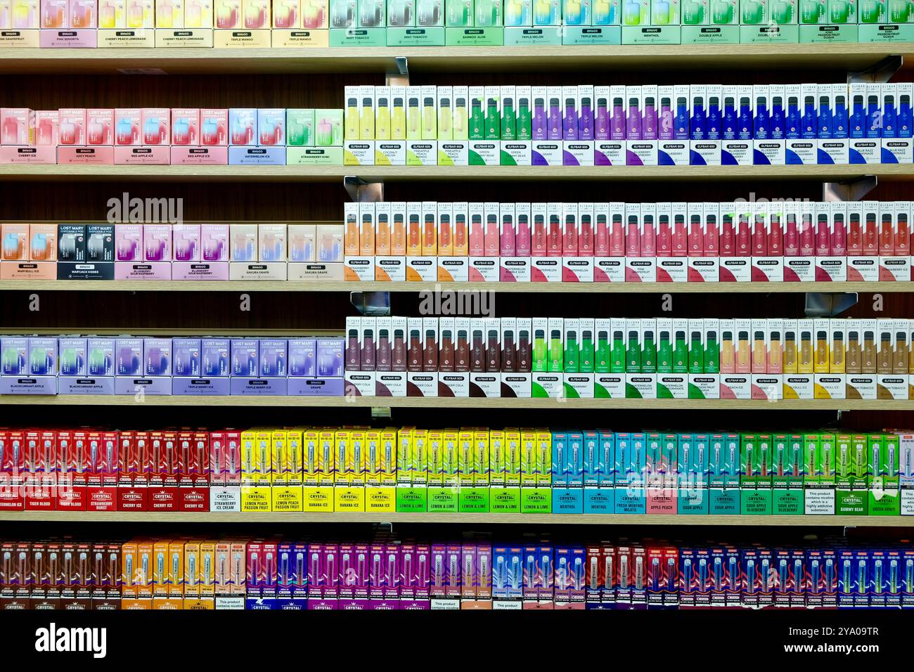 Fruit flavoured disposable electric vapes on display in a shop in ...