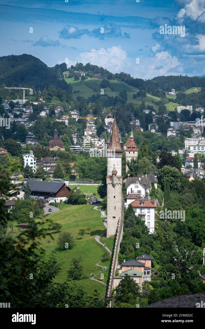 Historical city wall and towers of Lucerne Old town Stock Photo - Alamy