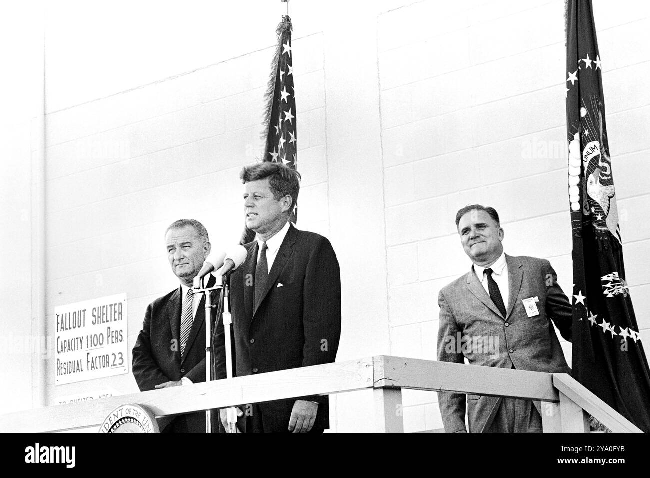 U.S. President John F. Kennedy delivering remarks following tour, with ...