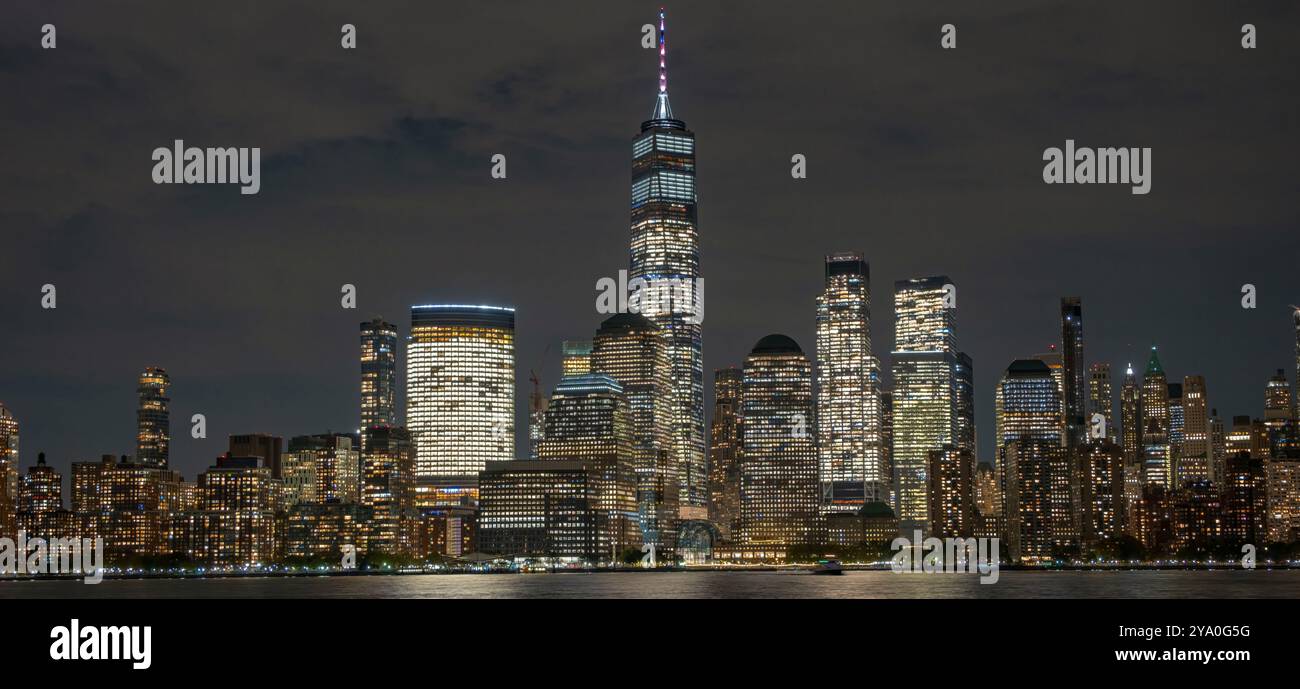 New York cityscape at night time. One World Trade Center. WTC memorial ...