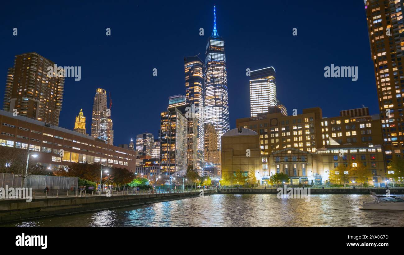 New York skyline at night. World Trade Center at night. Evening walk ...