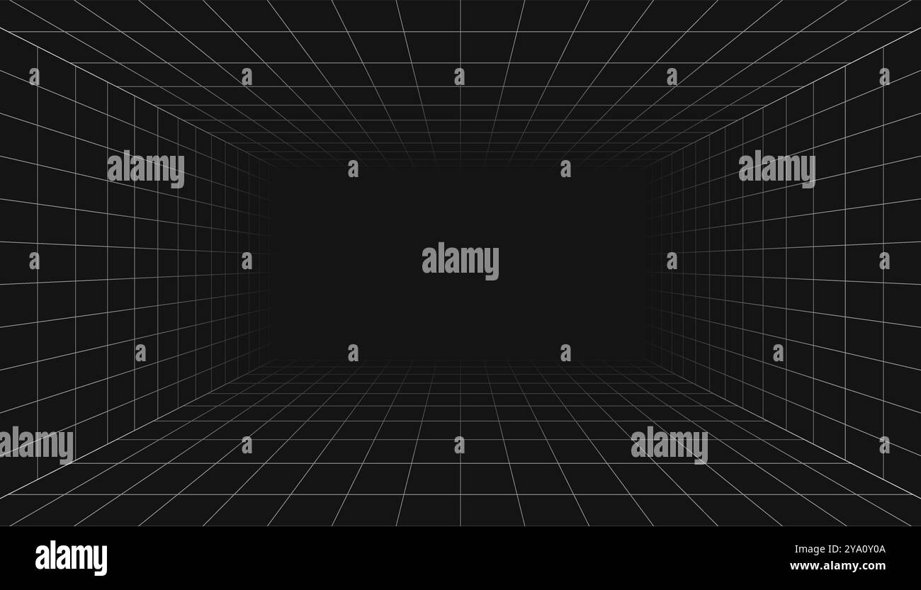 abstract wireframe grid line room perspective dark background vector ...