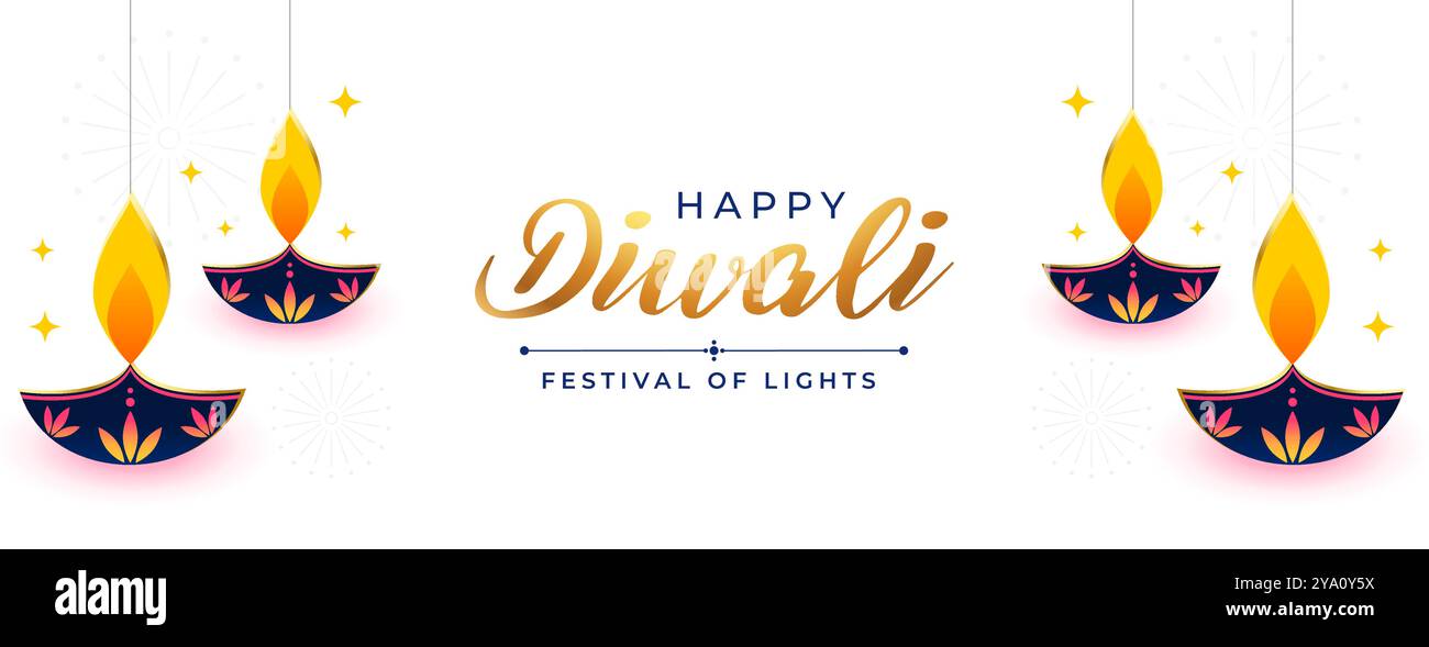 hanging diwali diya greeting white banner for social media post vector ...