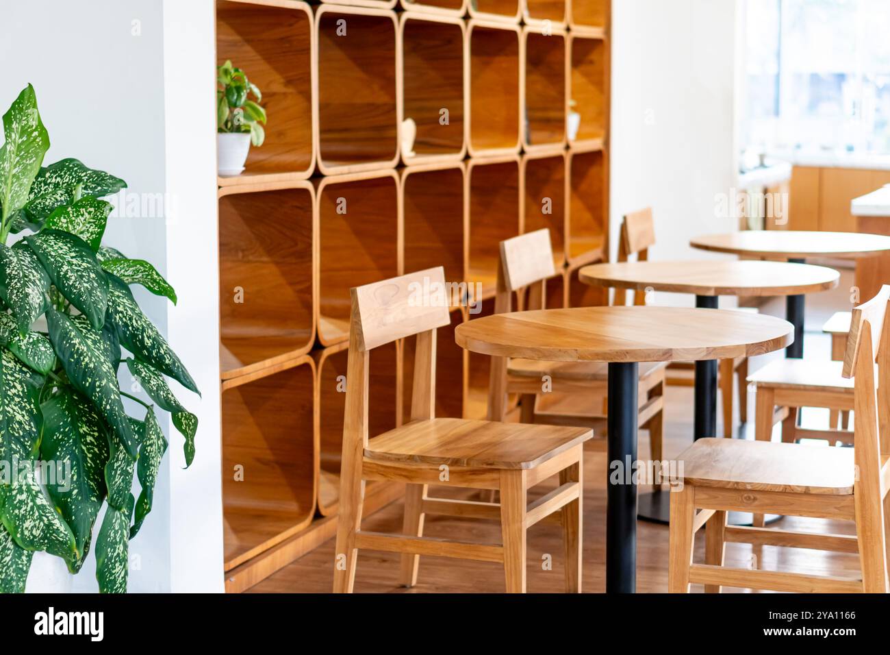 A cozy cafe interior featuring wooden tables and chairs, with a stylish ...