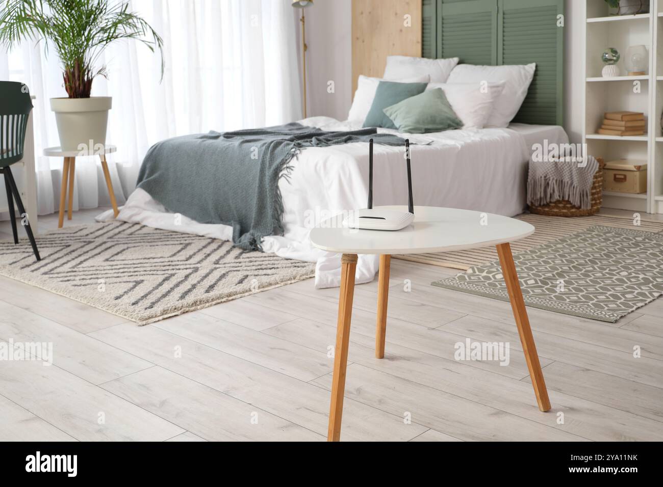 Modern wi-fi router on table in bedroom interior Stock Photo - Alamy