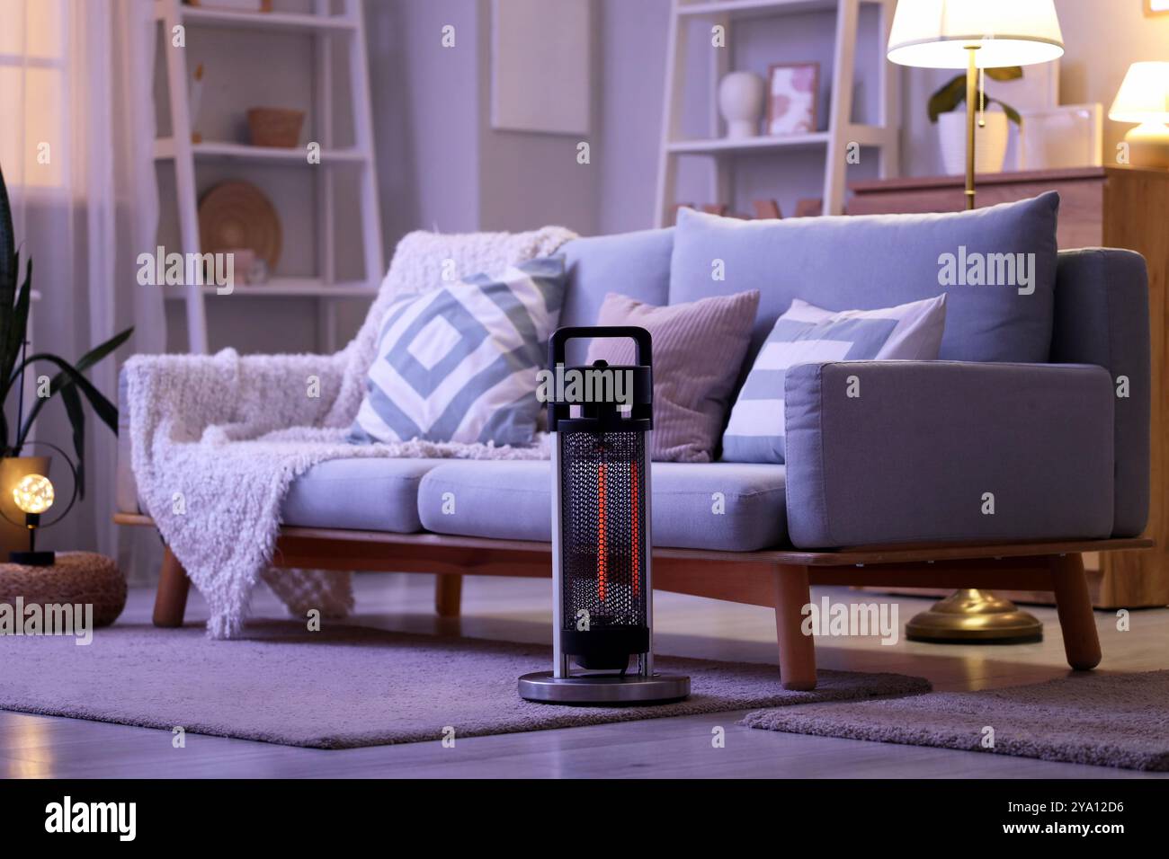 Interior of living room with stylish sofa and modern electric heater at ...