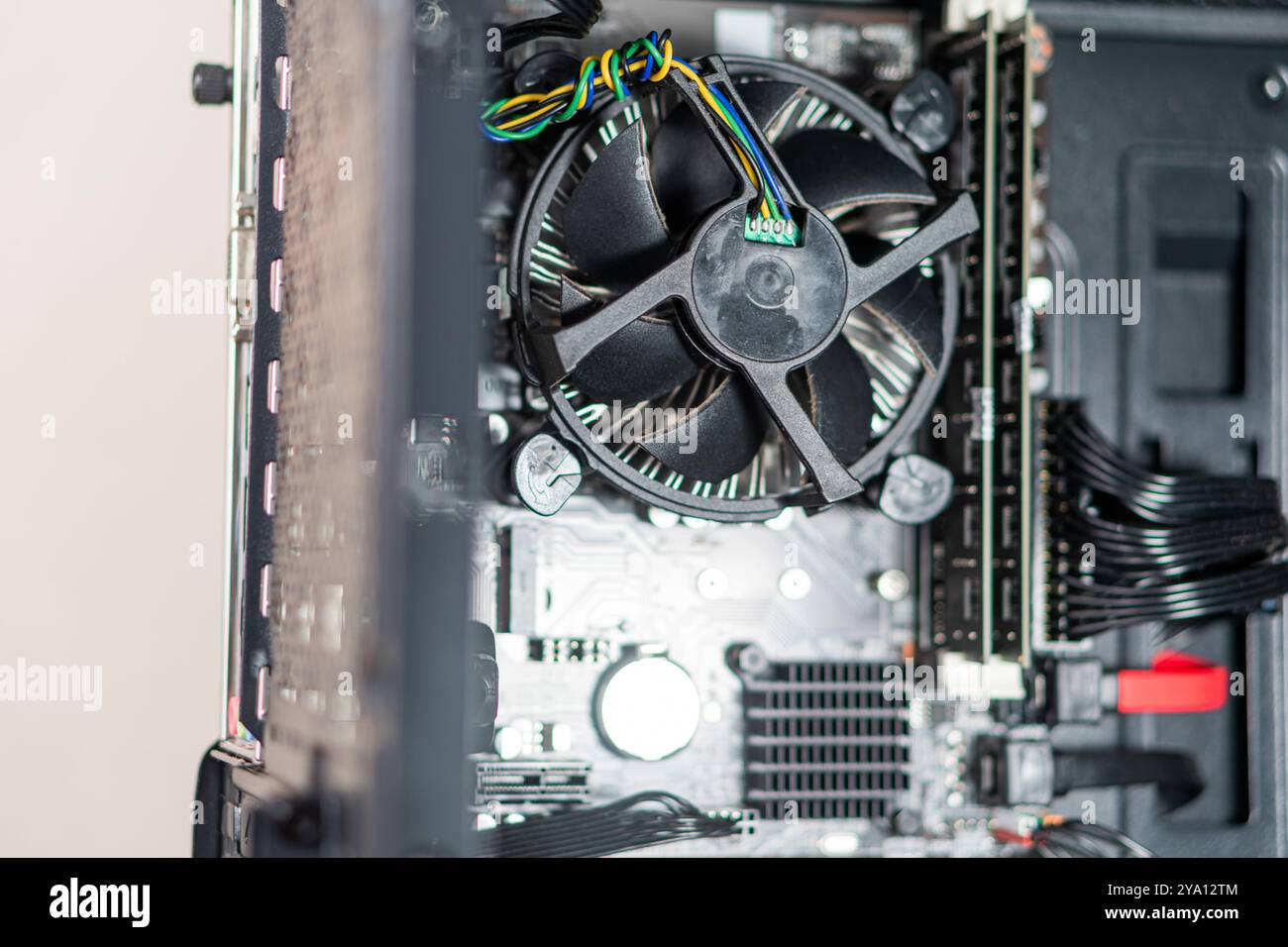 An overhead view of a computer's internal components, showcasing a CPU ...