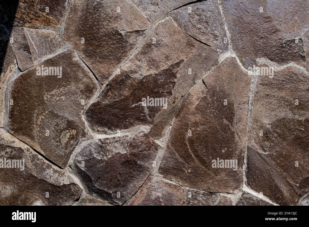 A close-up view of a textured stone wall featuring irregularly shaped ...